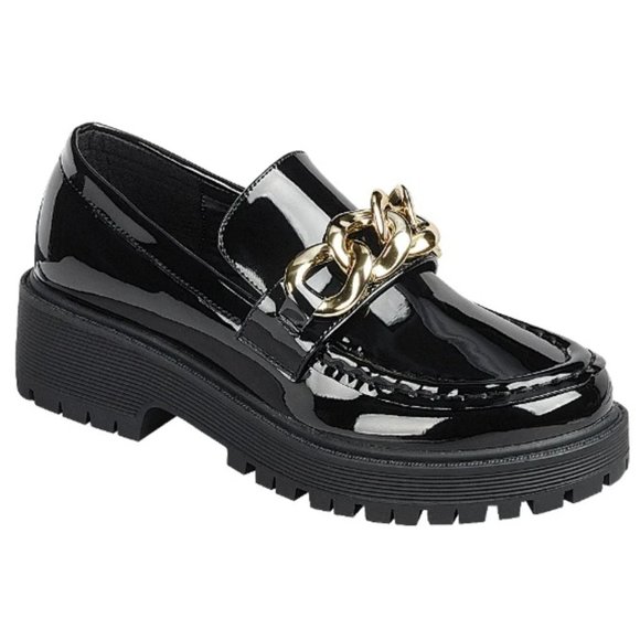 Shoes | New Wide Black Patent Gold Chain Slip On Platform Penny Loafers ...